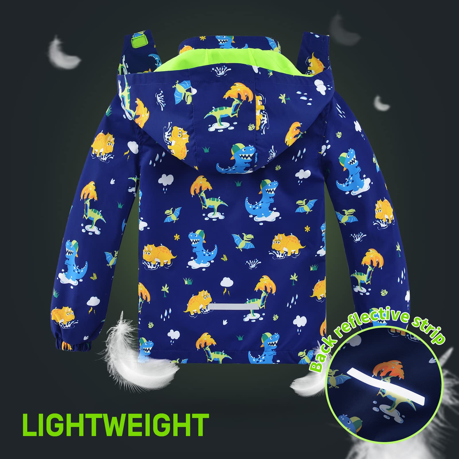 WAWSAM Kids Boys Rain Jacket Waterproof Toddler Raincoat Outdoor Dinosaur Rain Jacket with Detachable Hood Lightweight Rain Poncho Jacket Windbreaker Dino Rain Coat with Reflective Strip