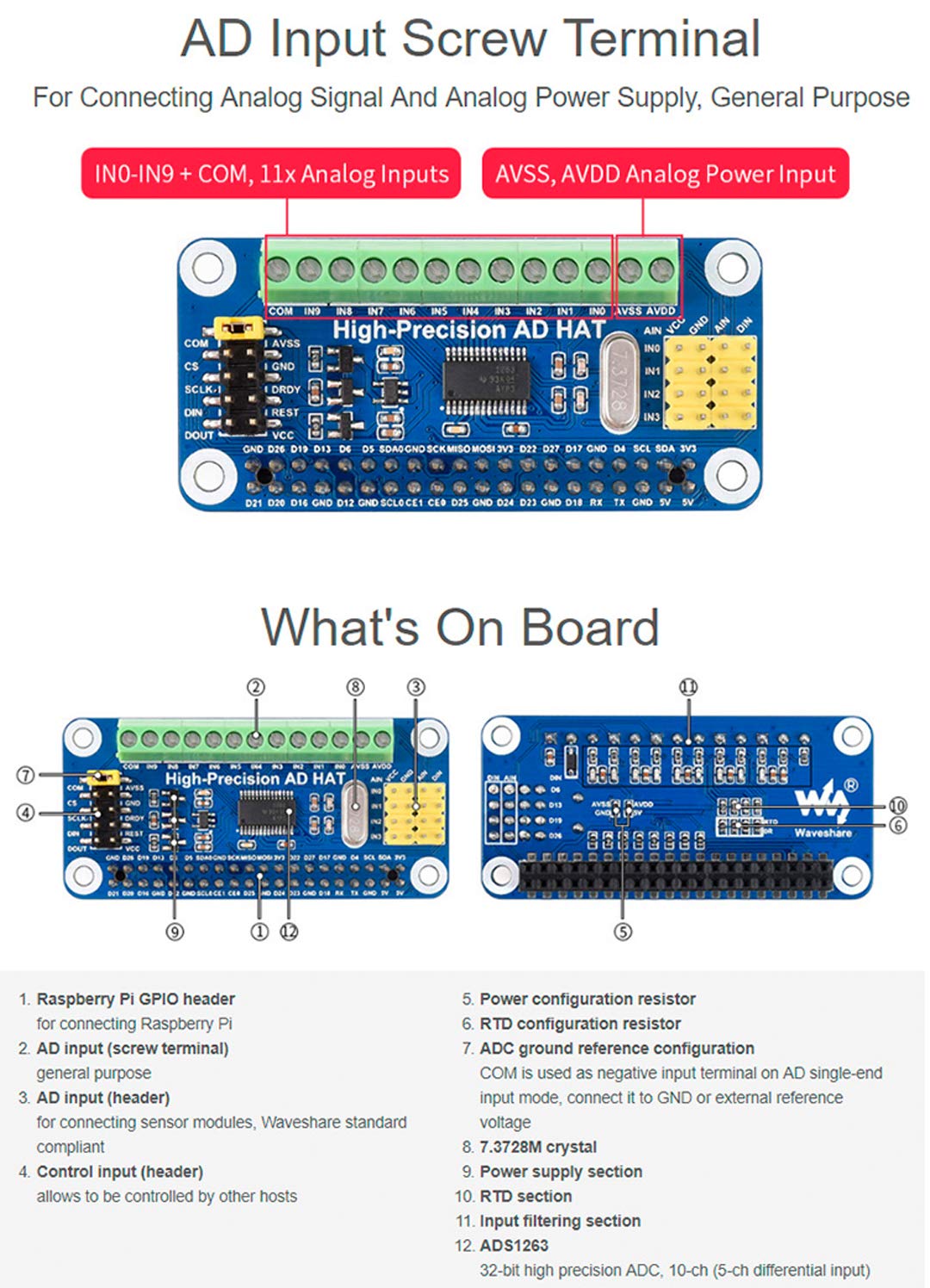 High-Precision AD HAT ADS1263 10-Channel 32-Bit ADC SPI Bus Low Noise Low Temperature Drift,for Raspberry Pi 4B/3B+/3B/2B/Zero/Zero W/Zero WH/2W and Jetson Nano