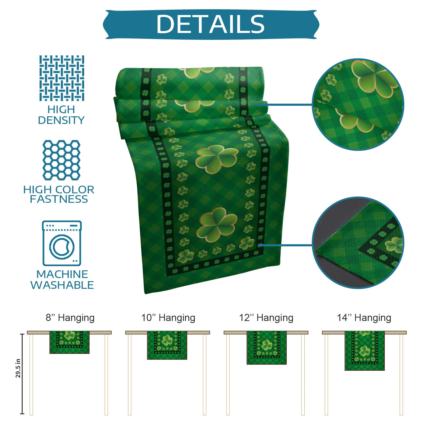 ARTSHOWING St. Patrick's Day Table Runner, Decorative Cotton Linen Tablerunners for Holiday Home Decoration Birthday Parties Family Dinners 13x70inch, Green Lattice Lucky Shamrock Clover