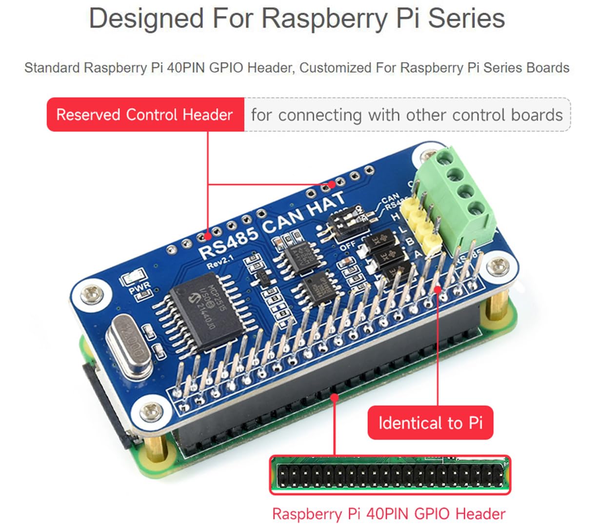 for Raspberry Pi,RS485 CAN HAT for Pi 4B/3B+/3B/2B/B+/A+/Zero/Zero W/WH/ 2W/2WH,RS485 CAN HAT Long-Distance Communication via RS485/CAN Functions MCP2515 CAN Controller SPI Interface