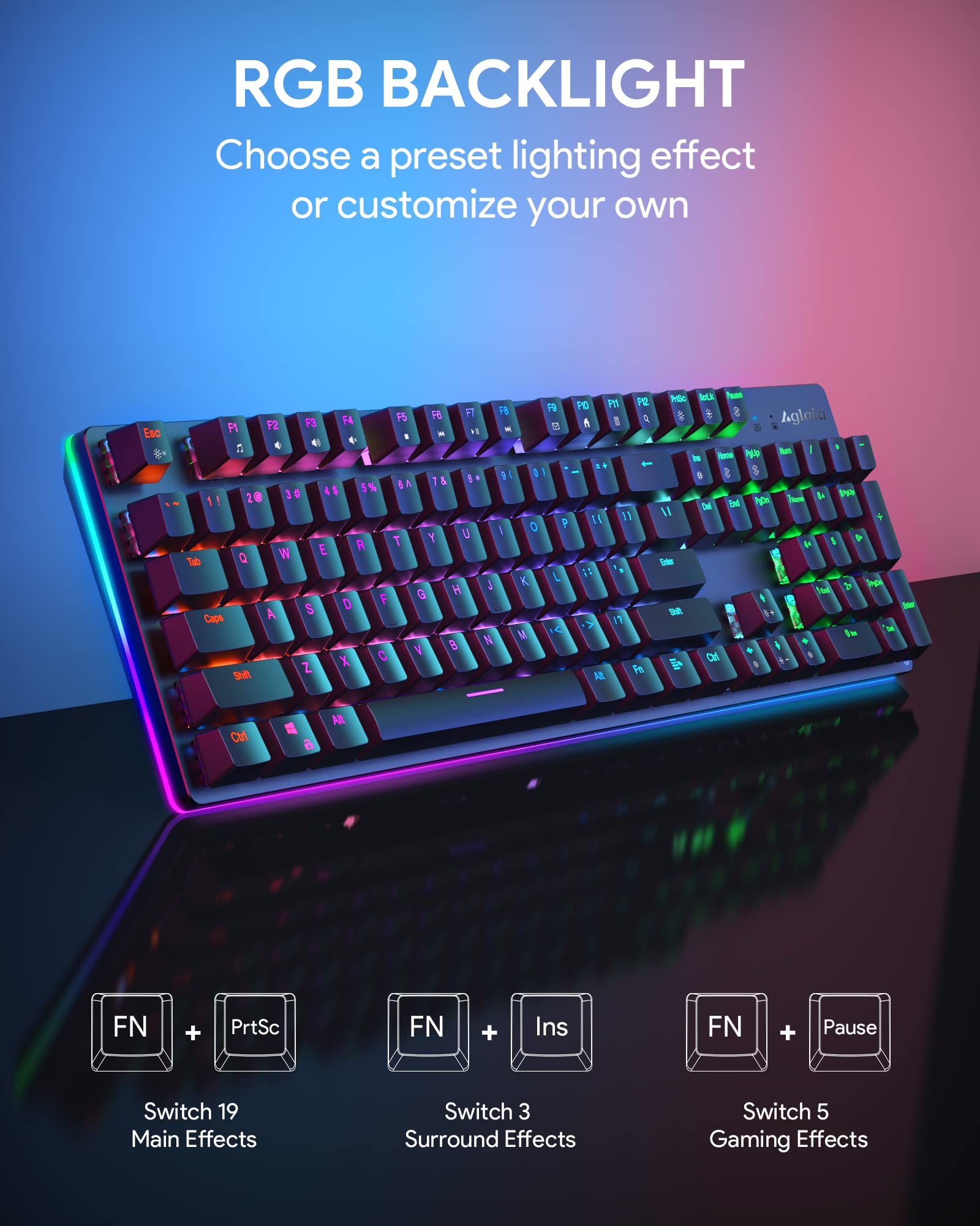 Aglaia Mechanical Gaming Keyboard, RGB Backlit 104 Keys Wired Keyboard Blue Switches, 12 Lighting Effects, Customizable Keys, Programmable Macro, Durable & Ergonomic for Windows Mac Computer Desktop