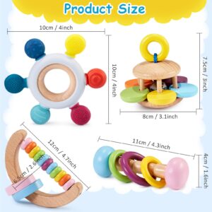 4 Pcs Montessori Toys for Babies Wooden Baby Toy for Babies 18+ Months Wooden Rattle Baby Teething Toys Silicone Rudder with Beech Wooden Ring