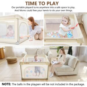 OUNUO Baby Playpen, 35x35" Play Pens for Babies and Toddlers Small Play Yard, Sturdy Safety Baby Fence Play Area for Limited Space, 360° Visible Playard with Gate and Anti-Slip Suckers - Beige