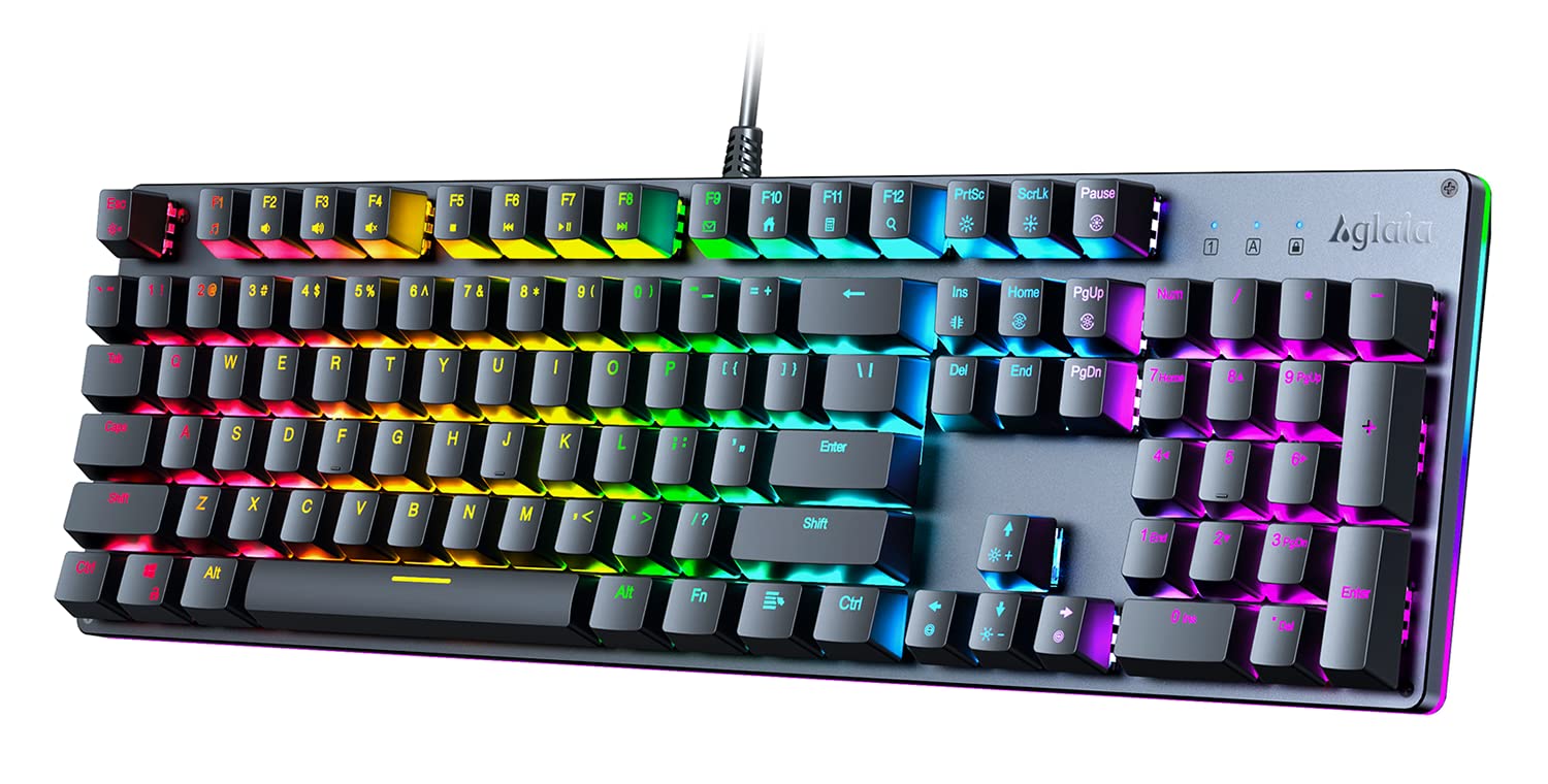 Aglaia Mechanical Gaming Keyboard, RGB Backlit 104 Keys Wired Keyboard Blue Switches, 12 Lighting Effects, Customizable Keys, Programmable Macro, Durable & Ergonomic for Windows Mac Computer Desktop