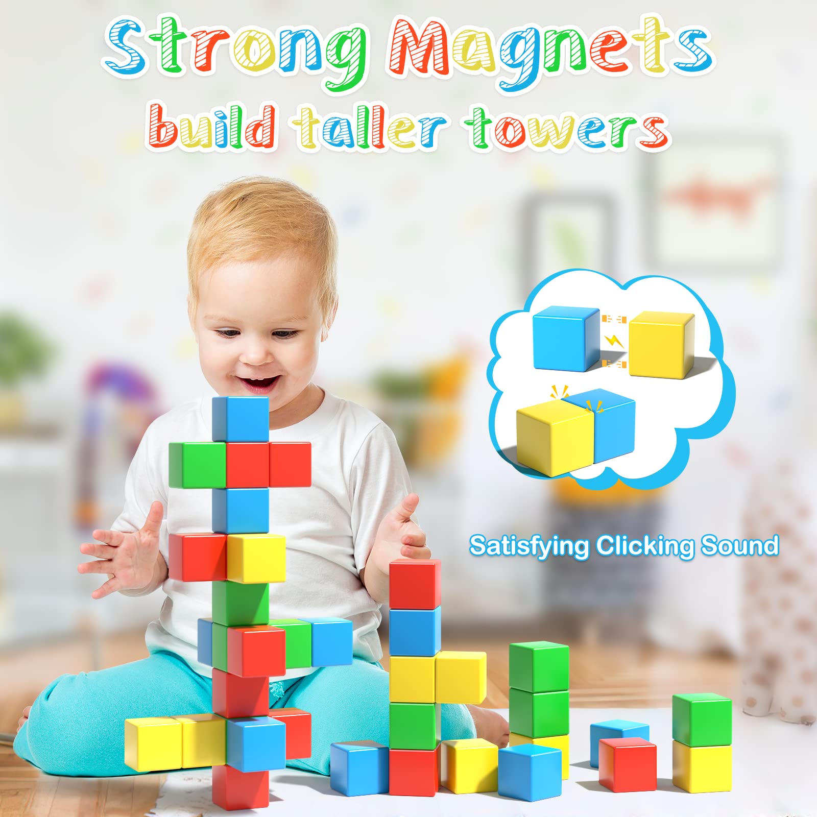 Asago Magnetic Blocks, 56 Pieces 1.34 inch Large Magnetic Building Blocks, 3D Magnetic Cubes for Toddlers, Preschool Educational Construction Kit, Sensory Montessori Toys Kids Blocks for Boys Girls