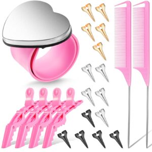 22 pieces magnetic wrist sewing pincushion with hair braiding tools - stainless steel pintail rat tail comb, wide teeth alligator sectioning clip, hair parting ring tool, and pin wristband (pink)