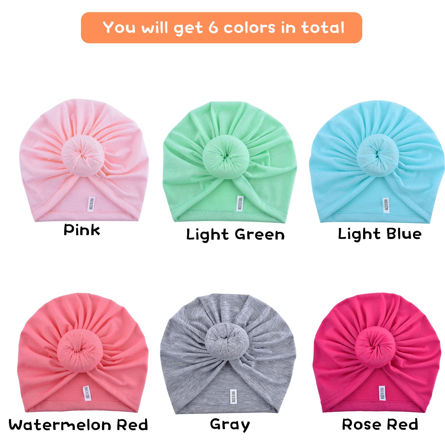 6 Pieces Baby Turban Hats Cotton Infant Knot Turbans Newborn Boys Girls Beanies Headwraps Toddler Kids Cap 0-1 Years