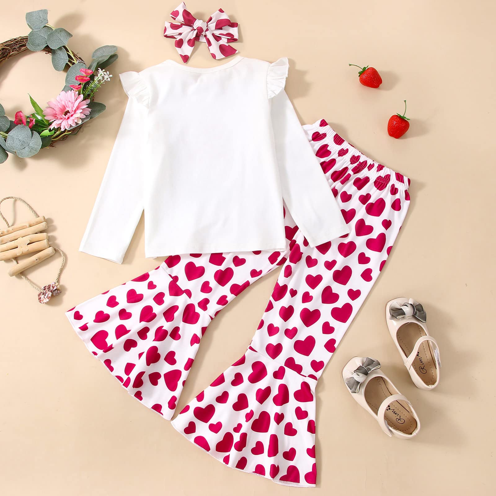 Rtnnsbbfcm Toddler Baby Girl Valentine's Day Outfit Long Sleeve Elephant Heart T-Shirt Top Bell Bottom Pants Headband 3Pcs Set (3-4T,White)