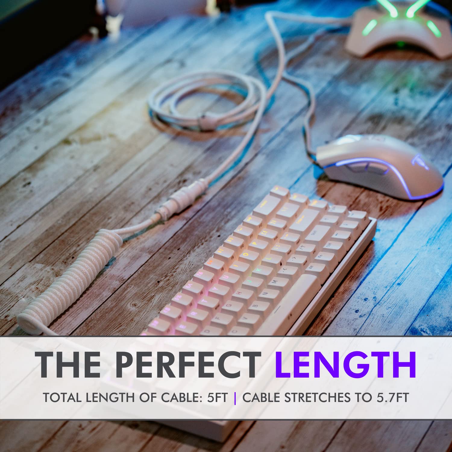 Tilted Nation Coiled USB C Cable for Mechanical Keyboard - Flexible but Tough - Detachable Aviator Coiled Keyboard Cable USB C - (5ft to 5.7ft Length) USB-A to USB-C Keyboard Coiled Cable - White