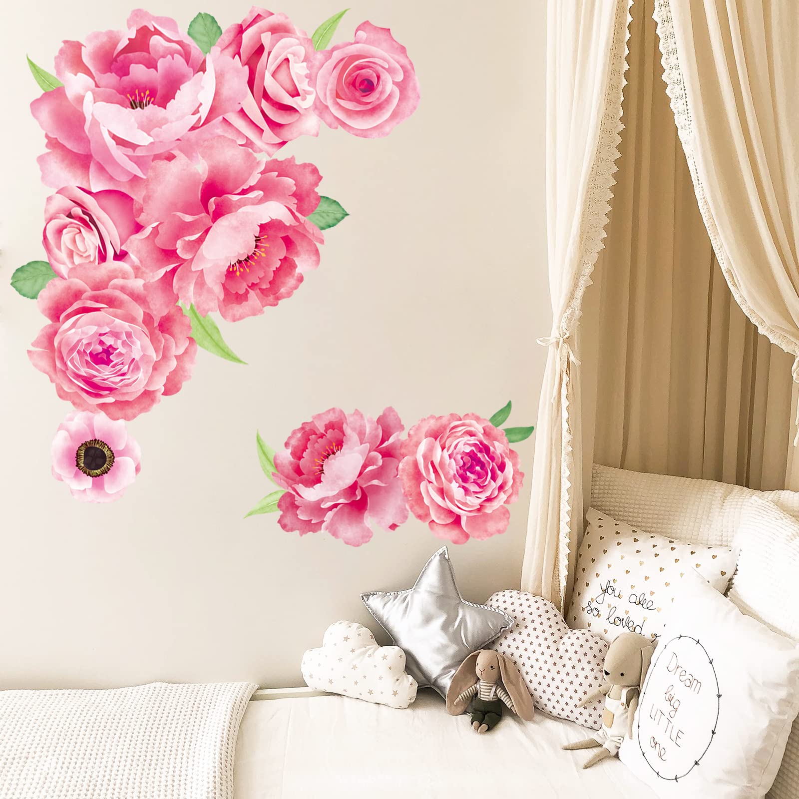 lemoncuter Peony Flower Wall Decals, Pink Floral Wall Decals Flower Wall Stickers Peel and Stick, Large Rose Flower Wall Decal for Walls Girls Bedroom Kids Living Room Nursery Classroom Decoration