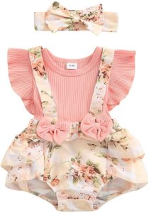 socutebabe baby girl floral romper newborn dress ruffle onesie suspender shorts jumpsuit cute summer clothes and headband (a pink, 0-3 months)