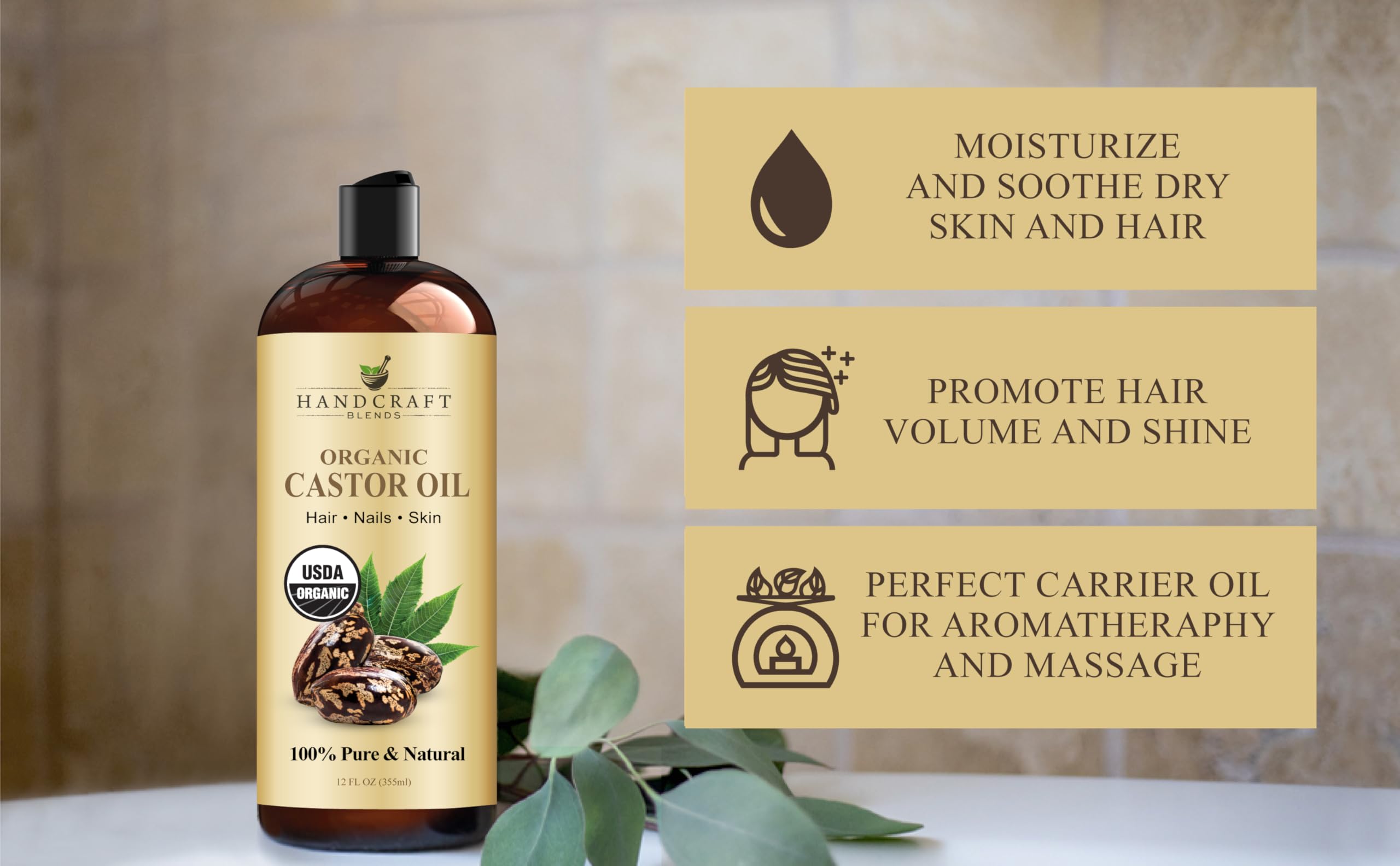 Handcraft Blends Organic Castor Oil in Plastic Bottle - 12 Fl Oz -100% Pure and Natural - Premium Grade Oil for Hair Growth, Eyelashes and Eyebrows - Carrier Oil - Expeller-Pressed and All Natural