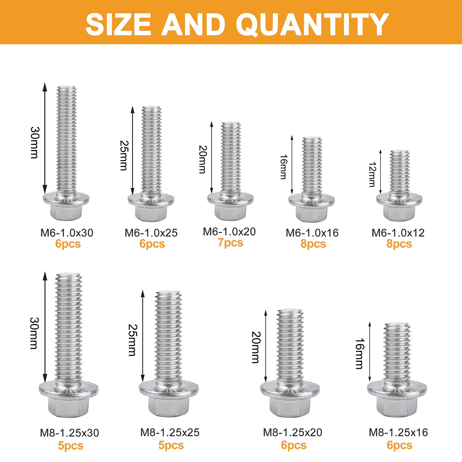 M6 x 12/16/20/25/30mm Flanged Hex Bolts and M8 x 16/20/25/30mm Flange Hexagon Screws, VIGURE 228PCS Stainless Steel 18-8 (304) M6-1.0 M8-1.25 Bolts Nuts Flat Lock Washers