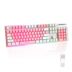 MageGee Wireless Gaming Keyboard, Rechargeable RGB LED Backlit Quiet Keyboard with Sidelight & Metal Panel, V510 2.4G Wireless Ergonomic Waterproof Office Keyboard, White and Pink