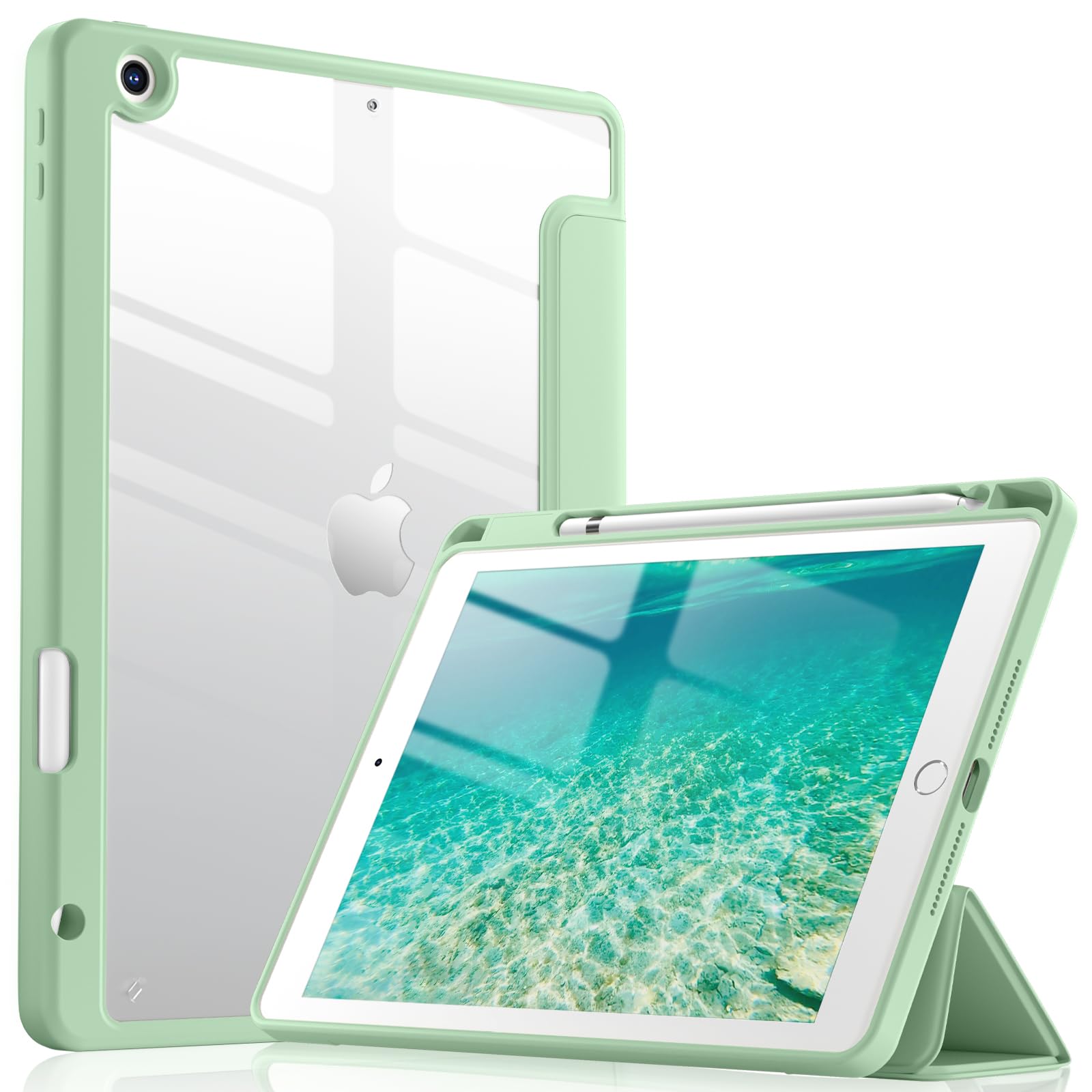 Wenlaty Compatible with iPad 9th /8th /7th Generation Case(2021/2020/2019), Full Body Protective Case with Pencil Holder, Clear Case Designed for iPad 10.2 Inch, Auto Sleep/Wake Cover, Mint Green