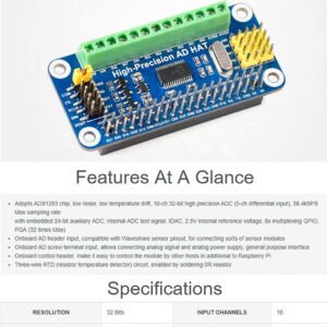 High-Precision AD HAT ADS1263 10-Channel 32-Bit ADC SPI Bus Low Noise Low Temperature Drift,for Raspberry Pi 4B/3B+/3B/2B/Zero/Zero W/Zero WH/2W and Jetson Nano