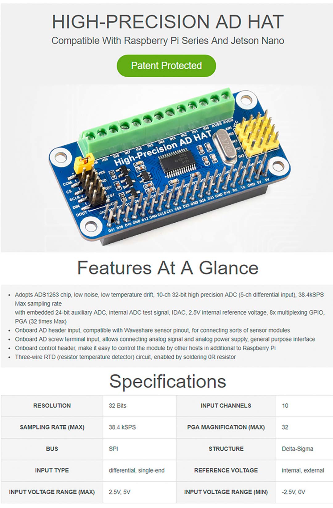 High-Precision AD HAT ADS1263 10-Channel 32-Bit ADC SPI Bus Low Noise Low Temperature Drift,for Raspberry Pi 4B/3B+/3B/2B/Zero/Zero W/Zero WH/2W and Jetson Nano