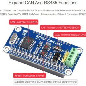 for Raspberry Pi,RS485 CAN HAT for Pi 4B/3B+/3B/2B/B+/A+/Zero/Zero W/WH/ 2W/2WH,RS485 CAN HAT Long-Distance Communication via RS485/CAN Functions MCP2515 CAN Controller SPI Interface