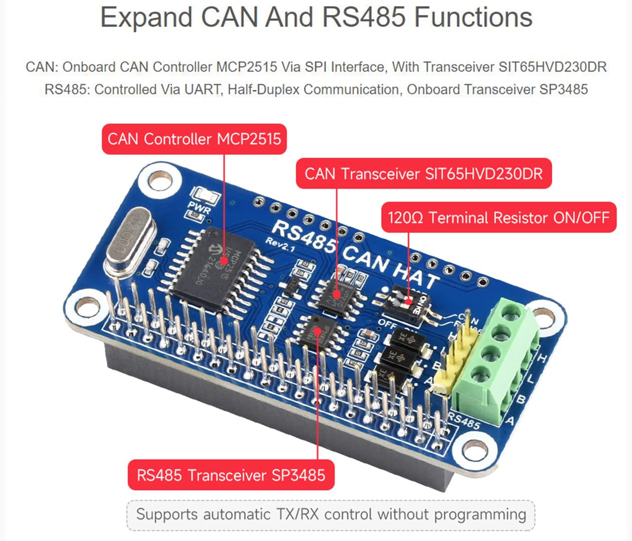 for Raspberry Pi,RS485 CAN HAT for Pi 4B/3B+/3B/2B/B+/A+/Zero/Zero W/WH/ 2W/2WH,RS485 CAN HAT Long-Distance Communication via RS485/CAN Functions MCP2515 CAN Controller SPI Interface