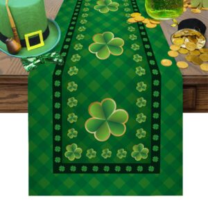 artshowing st. patrick's day table runner, decorative cotton linen tablerunners for holiday home decoration birthday parties family dinners 13x70inch, green lattice lucky shamrock clover