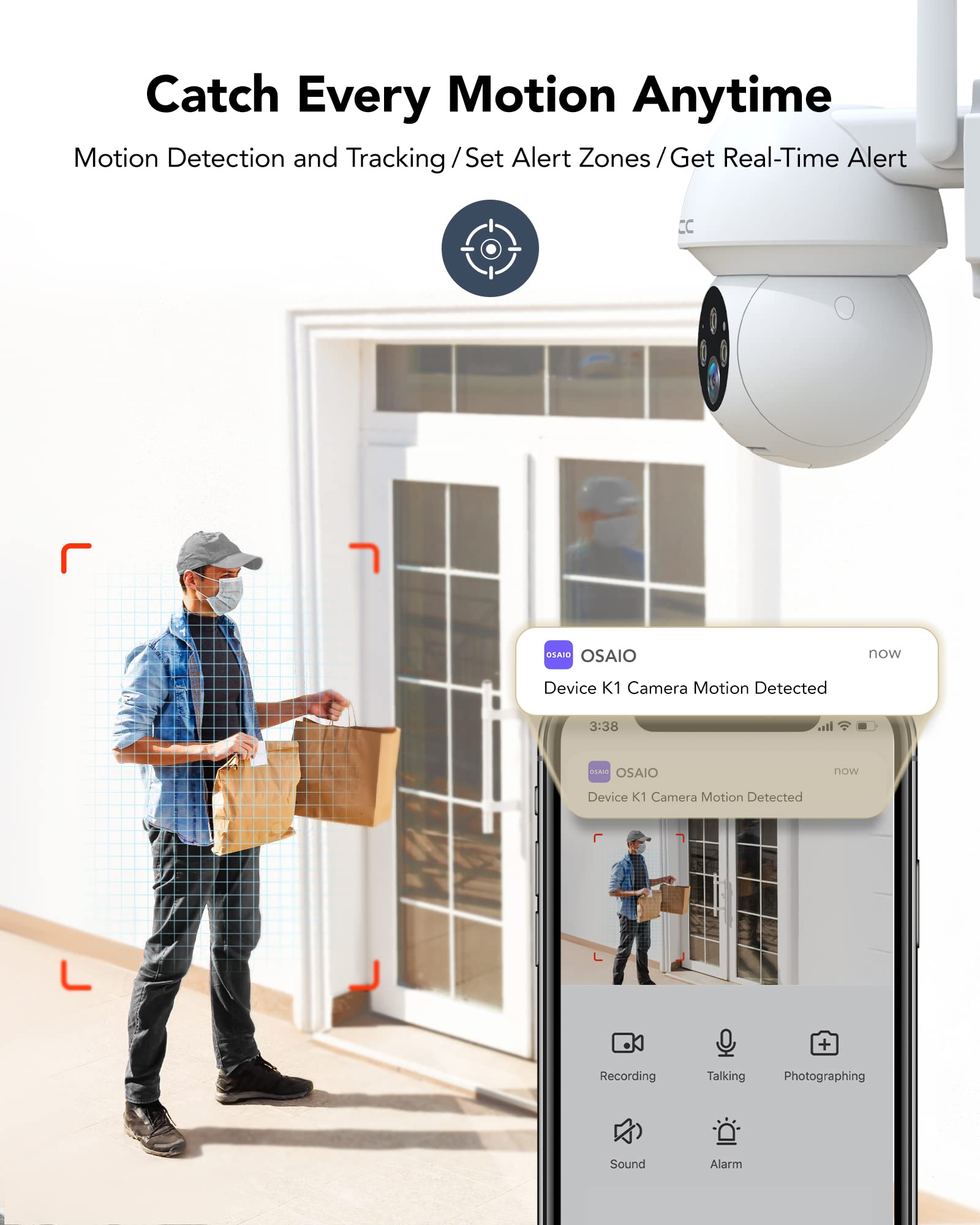 GNCC Security Camera Outdoor 2.4G WiFi Surveillance Camera, 360° PTZ Auto-Tracking Color Night Vision IP66 Waterproof Camera with 1080P Motion Detection Alarm, 2 Way Audio, APP Remote Control, K1