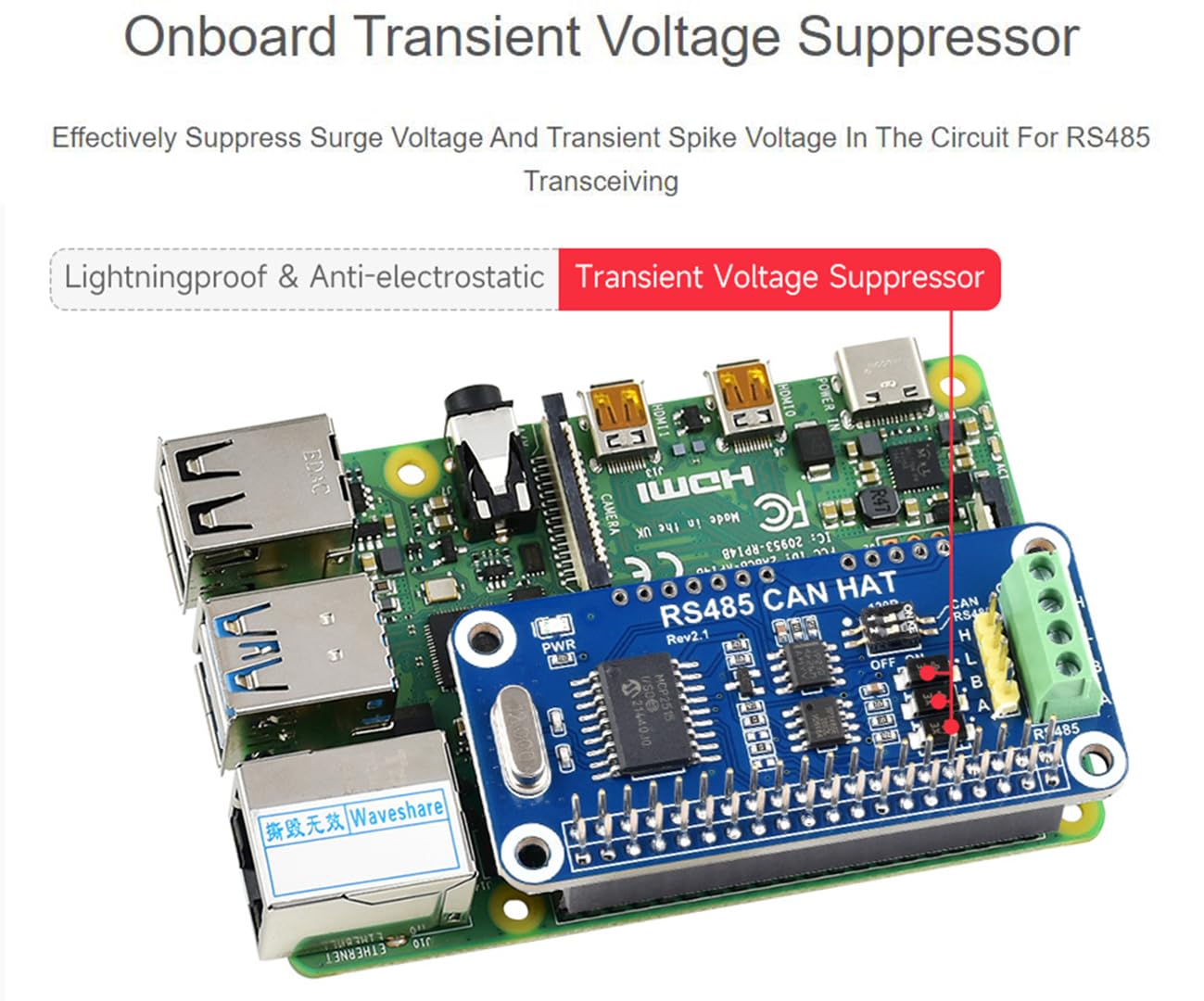 for Raspberry Pi,RS485 CAN HAT for Pi 4B/3B+/3B/2B/B+/A+/Zero/Zero W/WH/ 2W/2WH,RS485 CAN HAT Long-Distance Communication via RS485/CAN Functions MCP2515 CAN Controller SPI Interface