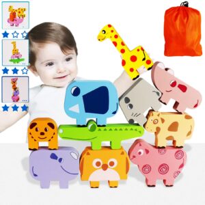 tkbabeue wooden blocks stacking toys age 18+ months old, 10 montessori animals stacker building puzzle with 10 pcs level cards 1 bag stem preschool learning educational games activities gifts toddler