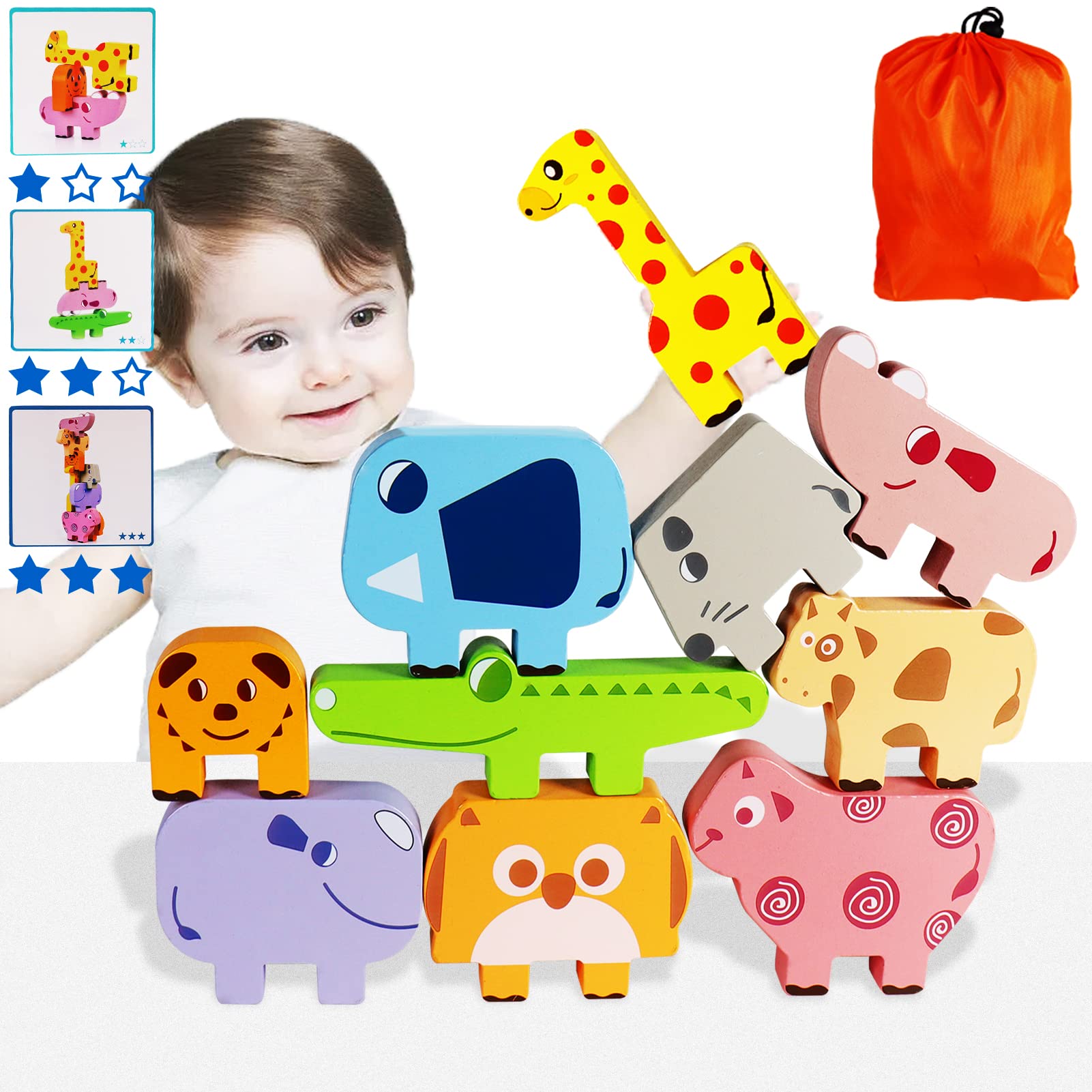 TKBABEUE Wooden Blocks Stacking Toys Age 18+ Months Old, 10 Montessori Animals Stacker Building Puzzle with 10 Pcs Level Cards 1 Bag STEM Preschool Learning Educational Games Activities Gifts Toddler