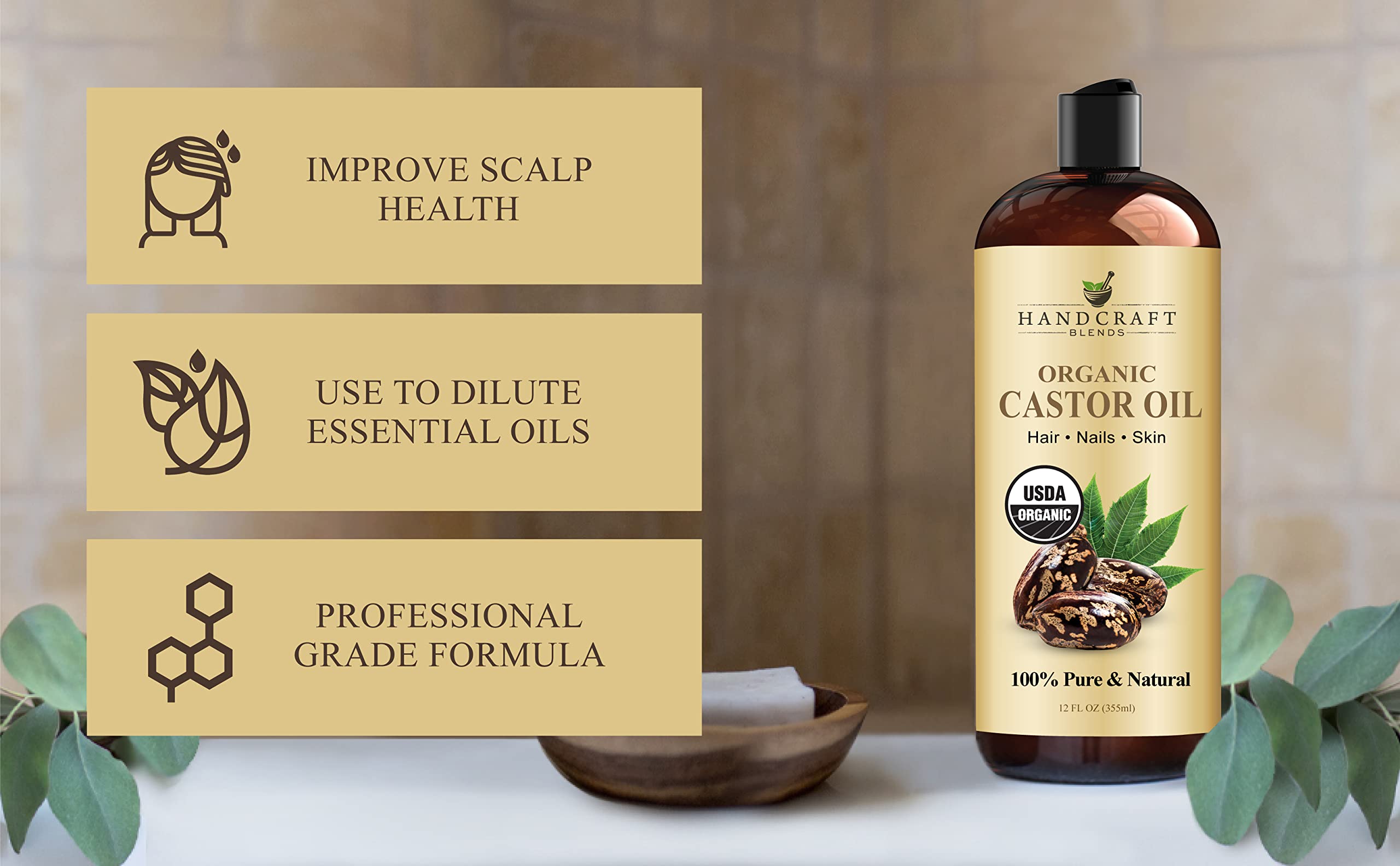 Handcraft Blends Organic Castor Oil in Plastic Bottle - 12 Fl Oz -100% Pure and Natural - Premium Grade Oil for Hair Growth, Eyelashes and Eyebrows - Carrier Oil - Expeller-Pressed and All Natural