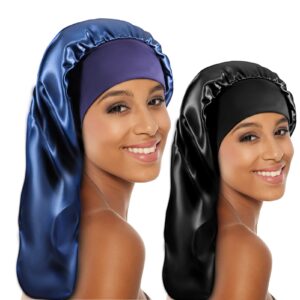 liibot long silk-satin bonnet for women - 2 pcs large night cap for curly dreadlock braid hair (black & blue)