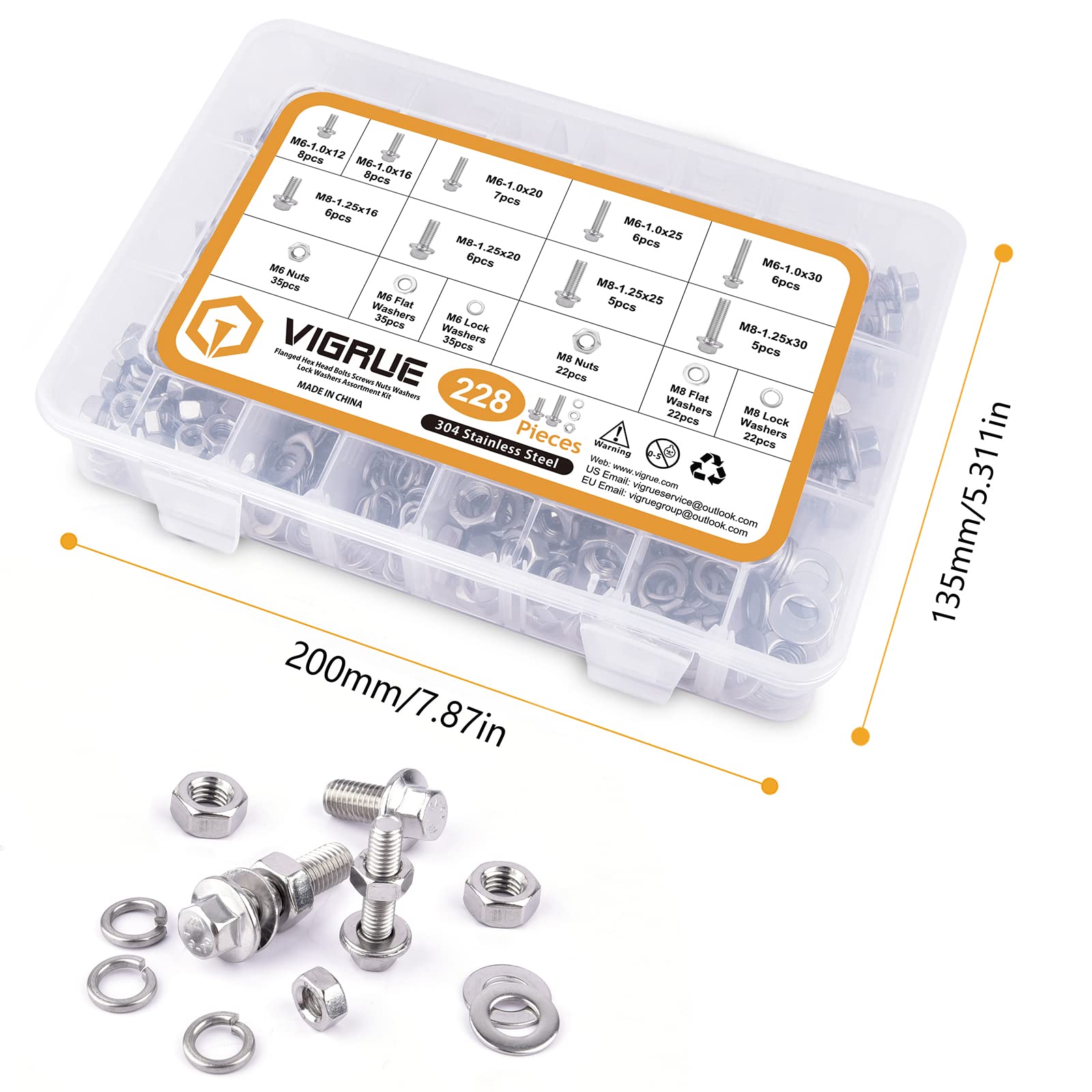 M6 x 12/16/20/25/30mm Flanged Hex Bolts and M8 x 16/20/25/30mm Flange Hexagon Screws, VIGURE 228PCS Stainless Steel 18-8 (304) M6-1.0 M8-1.25 Bolts Nuts Flat Lock Washers