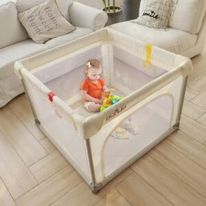 ounuo baby playpen, 35x35" play pens for babies and toddlers small play yard, sturdy safety baby fence play area for limited space, 360° visible playard with gate and anti-slip suckers - beige