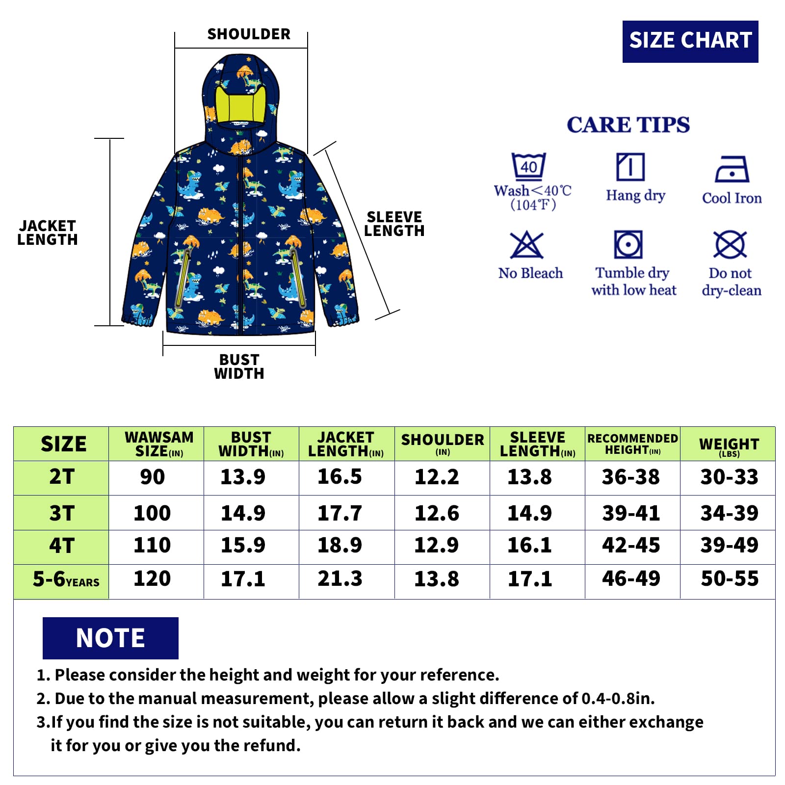 WAWSAM Kids Boys Rain Jacket Waterproof Toddler Raincoat Outdoor Dinosaur Rain Jacket with Detachable Hood Lightweight Rain Poncho Jacket Windbreaker Dino Rain Coat with Reflective Strip