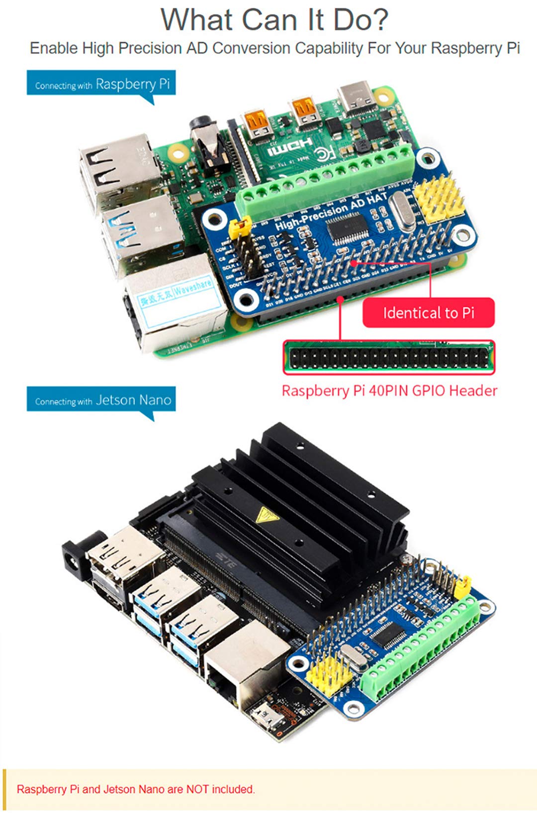 High-Precision AD HAT ADS1263 10-Channel 32-Bit ADC SPI Bus Low Noise Low Temperature Drift,for Raspberry Pi 4B/3B+/3B/2B/Zero/Zero W/Zero WH/2W and Jetson Nano