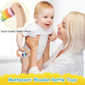 4 Pcs Montessori Toys for Babies Wooden Baby Toy for Babies 18+ Months Wooden Rattle Baby Teething Toys Silicone Rudder with Beech Wooden Ring