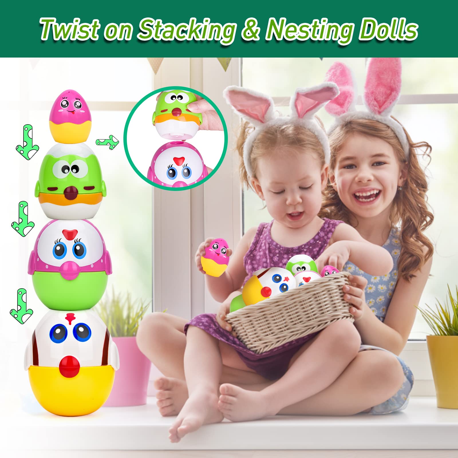 Easter Basket Stuffers Babies, Nesting Easter Eggs Toy Baby Easter Basket Suffers 1 Year Old, Baskets Stacking Toy for Kids，8 Pcs Matching Game for Age 1 2 3 Years Old, Easter Gifts for Toddler Boys