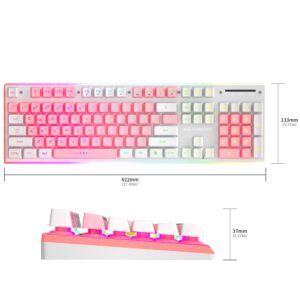 MageGee Wireless Gaming Keyboard, Rechargeable RGB LED Backlit Quiet Keyboard with Sidelight & Metal Panel, V510 2.4G Wireless Ergonomic Waterproof Office Keyboard, White and Pink