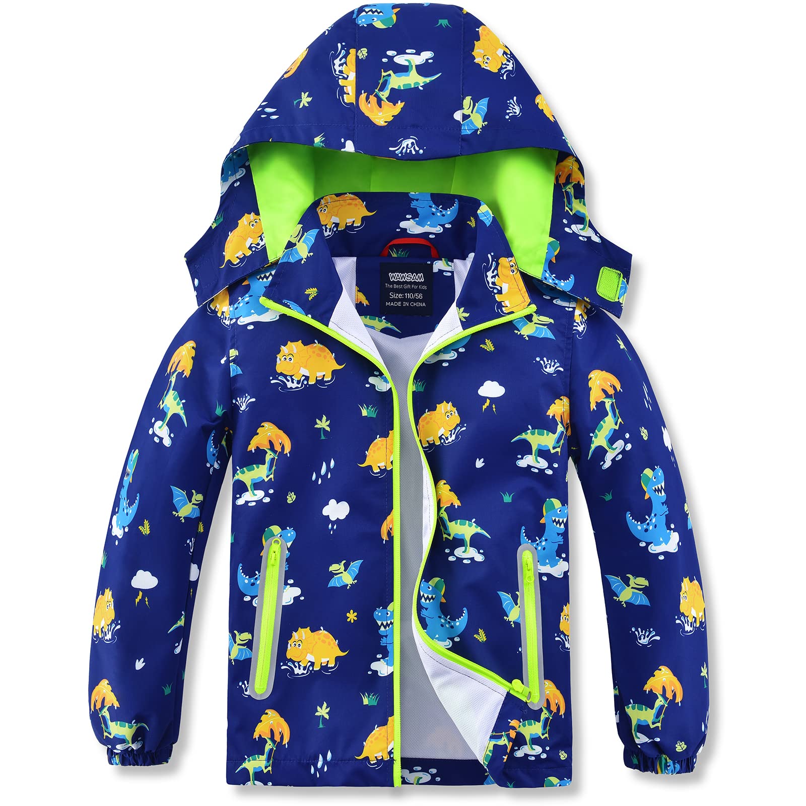 WAWSAM Kids Boys Rain Jacket Waterproof Toddler Raincoat Outdoor Dinosaur Rain Jacket with Detachable Hood Lightweight Rain Poncho Jacket Windbreaker Dino Rain Coat with Reflective Strip