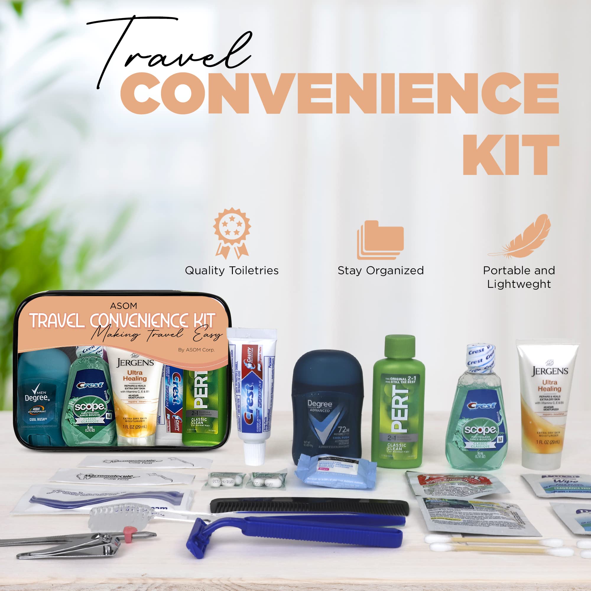 Asom Toiletry Travel Kit - 20 Piece TSA Approved Personal Care & Hygiene Essentials Set for Men & Women, Pre-Filled Convenience for Travel, Airplane Carry-On Ready.