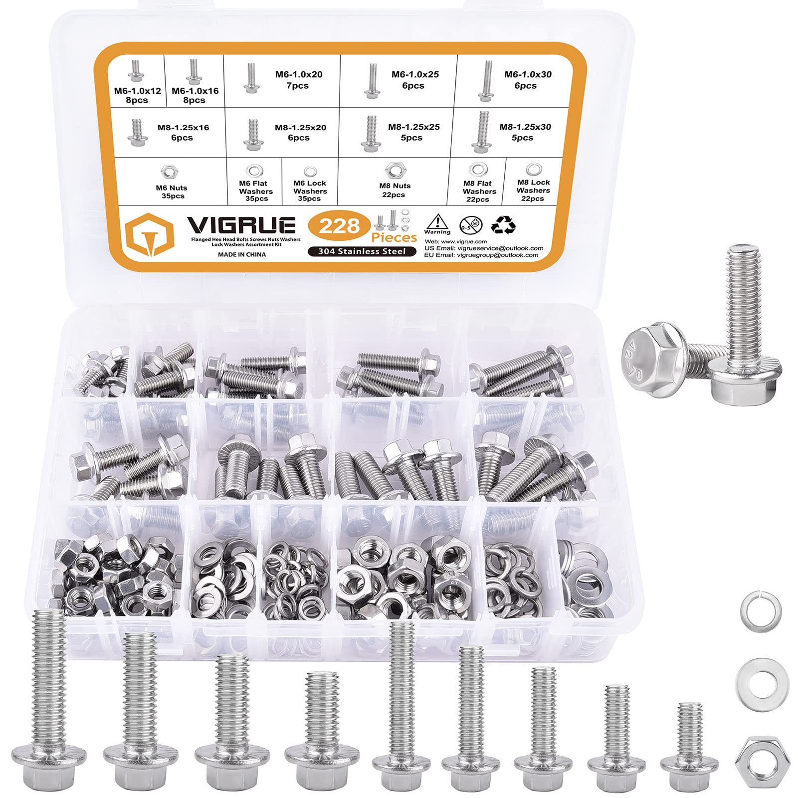 M6 x 12/16/20/25/30mm Flanged Hex Bolts and M8 x 16/20/25/30mm Flange Hexagon Screws, VIGURE 228PCS Stainless Steel 18-8 (304) M6-1.0 M8-1.25 Bolts Nuts Flat Lock Washers