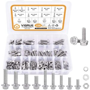 m6 x 12/16/20/25/30mm flanged hex bolts and m8 x 16/20/25/30mm flange hexagon screws, vigure 228pcs stainless steel 18-8 (304) m6-1.0 m8-1.25 bolts nuts flat lock washers