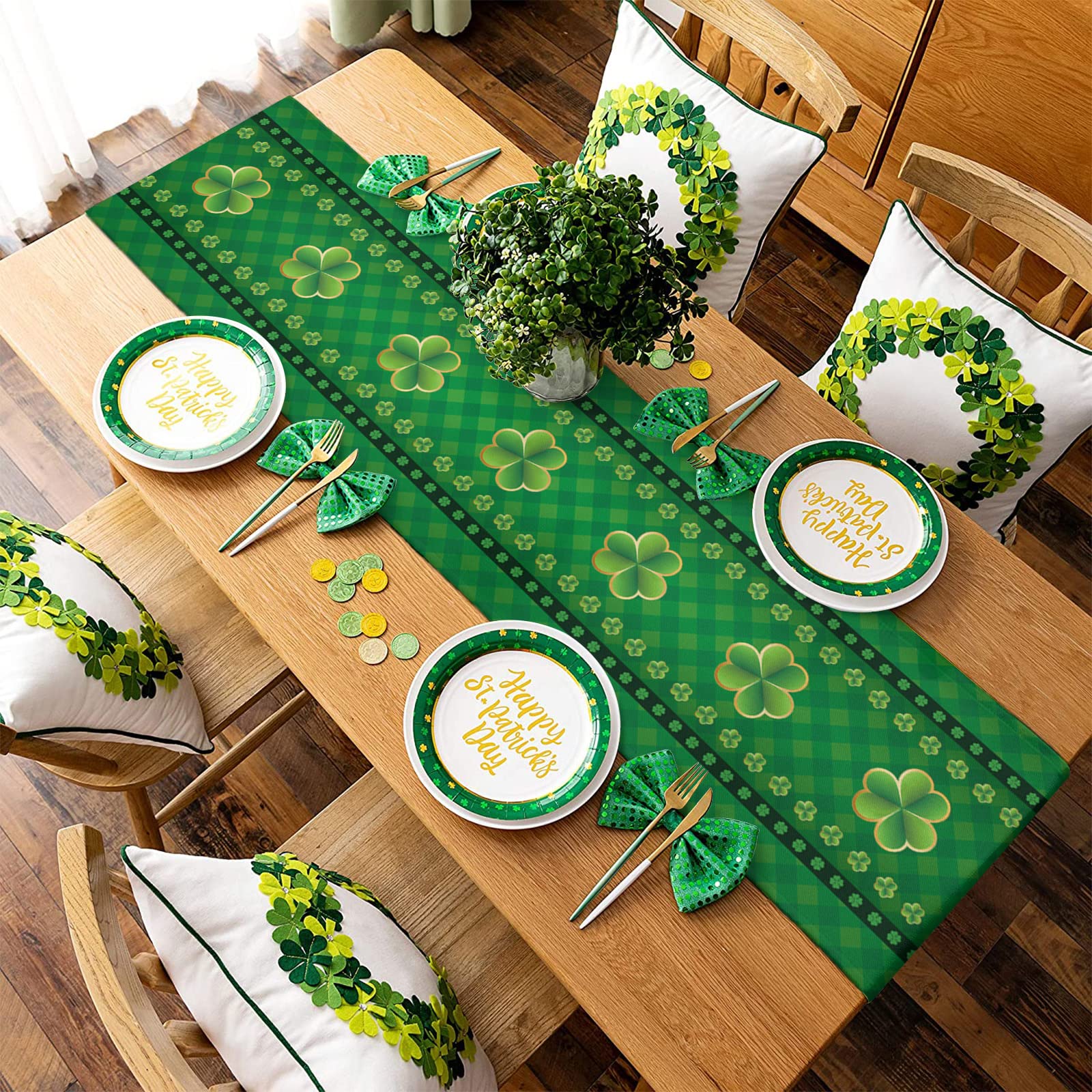 ARTSHOWING St. Patrick's Day Table Runner, Decorative Cotton Linen Tablerunners for Holiday Home Decoration Birthday Parties Family Dinners 13x70inch, Green Lattice Lucky Shamrock Clover