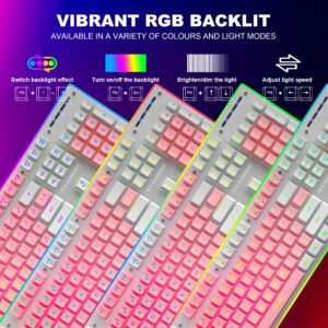 MageGee Wireless Gaming Keyboard, Rechargeable RGB LED Backlit Quiet Keyboard with Sidelight & Metal Panel, V510 2.4G Wireless Ergonomic Waterproof Office Keyboard, White and Pink