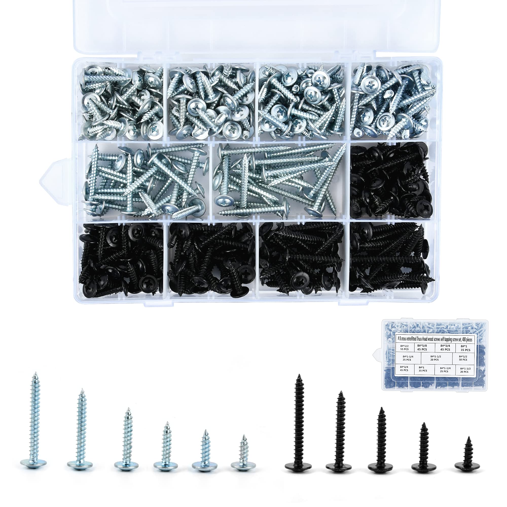 Aemygo 400PCS #8 Phillips Modified Truss Head Wood Screws Self Tapping Screws, 410 Stainless Steel Black & Silver Self Drilling Screw Assortment Kit (6 Size)