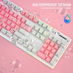 MageGee Wireless Gaming Keyboard, Rechargeable RGB LED Backlit Quiet Keyboard with Sidelight & Metal Panel, V510 2.4G Wireless Ergonomic Waterproof Office Keyboard, White and Pink