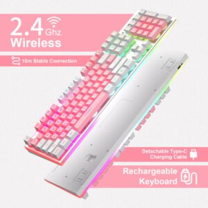 MageGee Wireless Gaming Keyboard, Rechargeable RGB LED Backlit Quiet Keyboard with Sidelight & Metal Panel, V510 2.4G Wireless Ergonomic Waterproof Office Keyboard, White and Pink