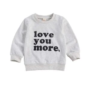 beqeuewll toddler boy girl valentines day outfit love you more letter crewneck sweatshirt little kids long sleeve sweater tops (grey, 6-12 months)