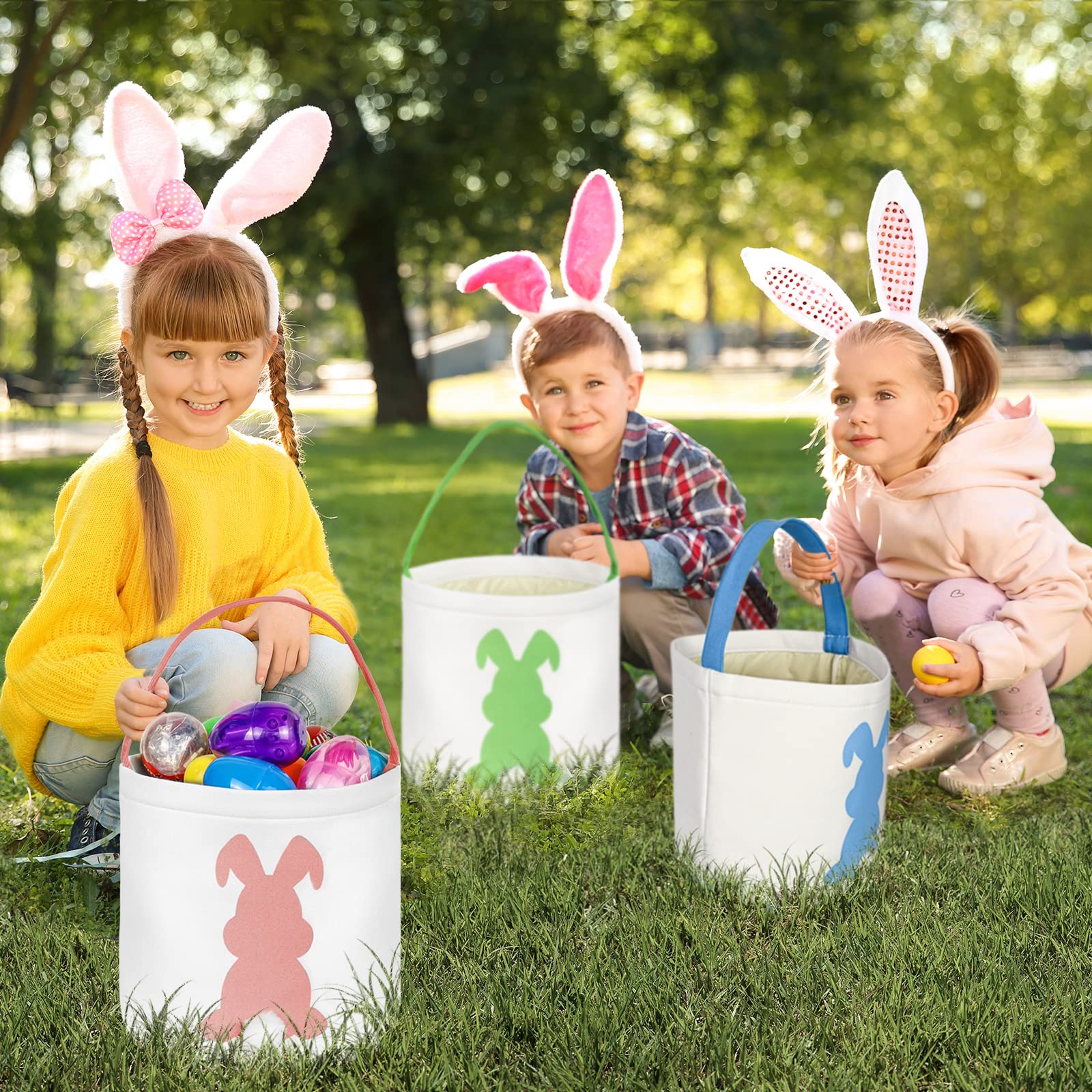 Ebingoo 3pcs Easter Baskets for Kids Empty with Handle,Bunny Personalized Easter Baskets for Boys Girls Easter Egg Hunt,Easter Canvas Tote Bag with Fluffy Tail