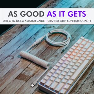 Tilted Nation Coiled USB C Cable for Mechanical Keyboard - Flexible but Tough - Detachable Aviator Coiled Keyboard Cable USB C - (5ft to 5.7ft Length) USB-A to USB-C Keyboard Coiled Cable - White