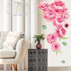 lemoncuter Peony Flower Wall Decals, Pink Floral Wall Decals Flower Wall Stickers Peel and Stick, Large Rose Flower Wall Decal for Walls Girls Bedroom Kids Living Room Nursery Classroom Decoration